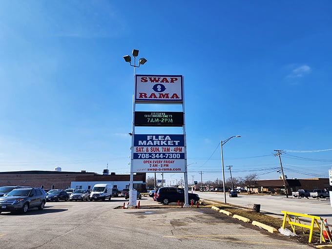 The roadside sign announces Swap-O-Rama's presence against the Illinois sky&mdash;a beacon for bargain hunters since long before online shopping existed.