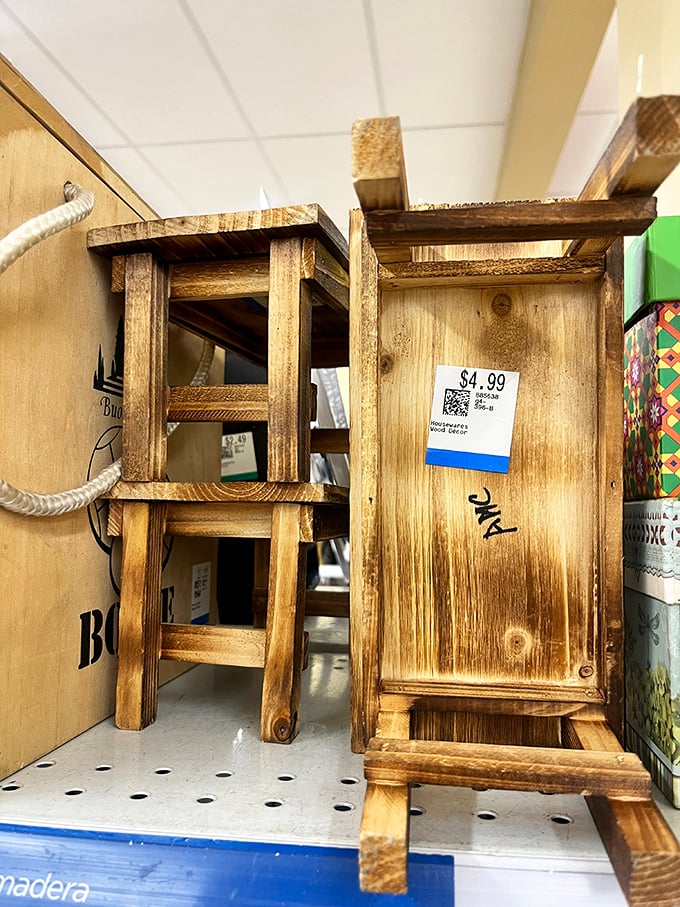 Rustic wooden lanterns and boxes await their second act. One shopper's decluttered shelf becomes another's farmhouse chic decor.