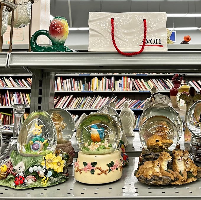 Snow globes and knickknacks galore! These miniature worlds tell stories of vacations past and grandma's curio cabinets across America.
