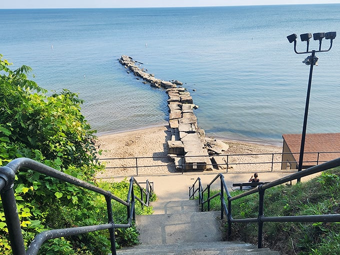 The stairway beckons like something from a Great Lakes fairy tale. "Follow me," it whispers, "to where the water meets the sky."