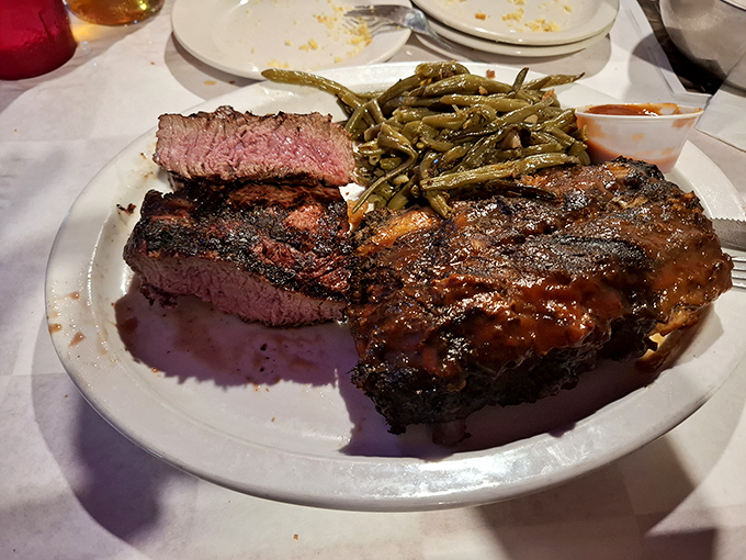 This isn't just a steak &ndash; it's a masterpiece of meat with a perfect char that whispers sweet nothings to your taste buds. The green beans are just there for moral support.