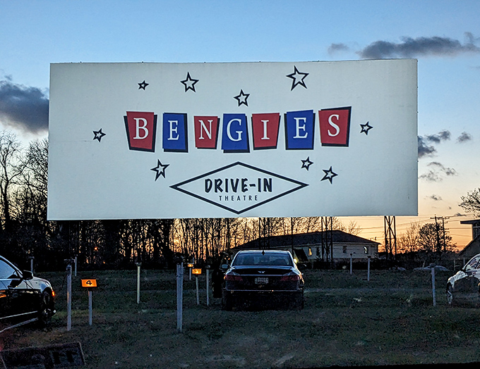 Silhouetted against the sunset, Bengies' iconic screen awaits nightfall like a performer preparing for their moment in the spotlight.