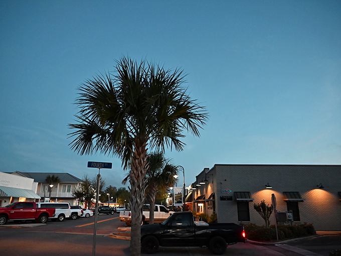 Wander Port St. Joe after sunset when palm trees silhouette against the twilight sky and the pace slows to match the gentle Gulf breeze.