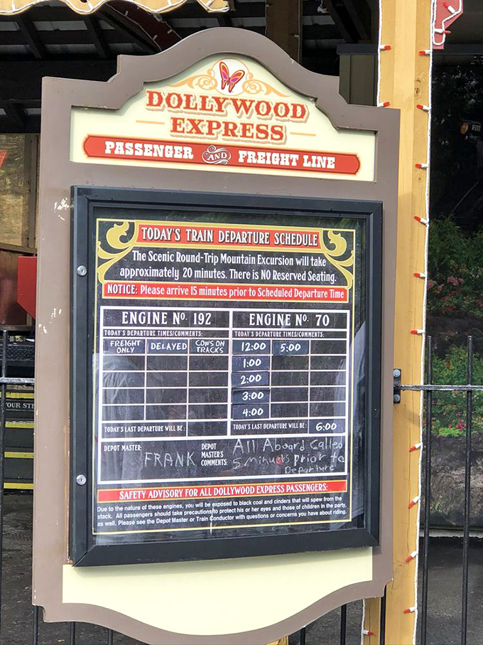 The departure board stands as a delightful throwback to analog days—no apps, no push notifications, just chalk, schedules, and the promise of adventure at regular intervals.