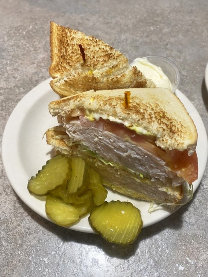 This turkey club isn't just a sandwich&mdash;it's architecture. Three perfectly toasted stories of satisfaction with pickle sentinels standing guard.