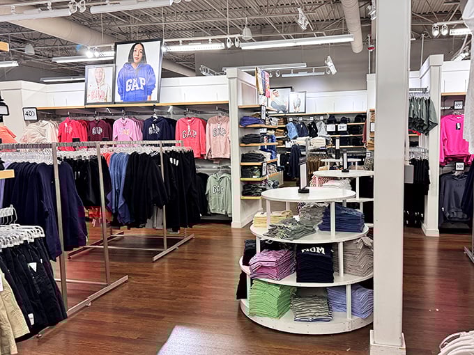 Inside the Gap Factory Store, where clothing staples are arranged with military precision and civilian-friendly prices.