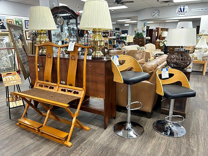 Bar stools and lamps create the perfect setup for your own personal game show set.