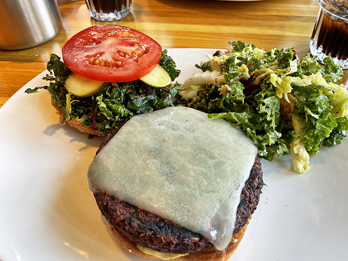 A veggie burger that could convert carnivores. That melty cheese blanket isn't apologizing for anything, and neither should you.