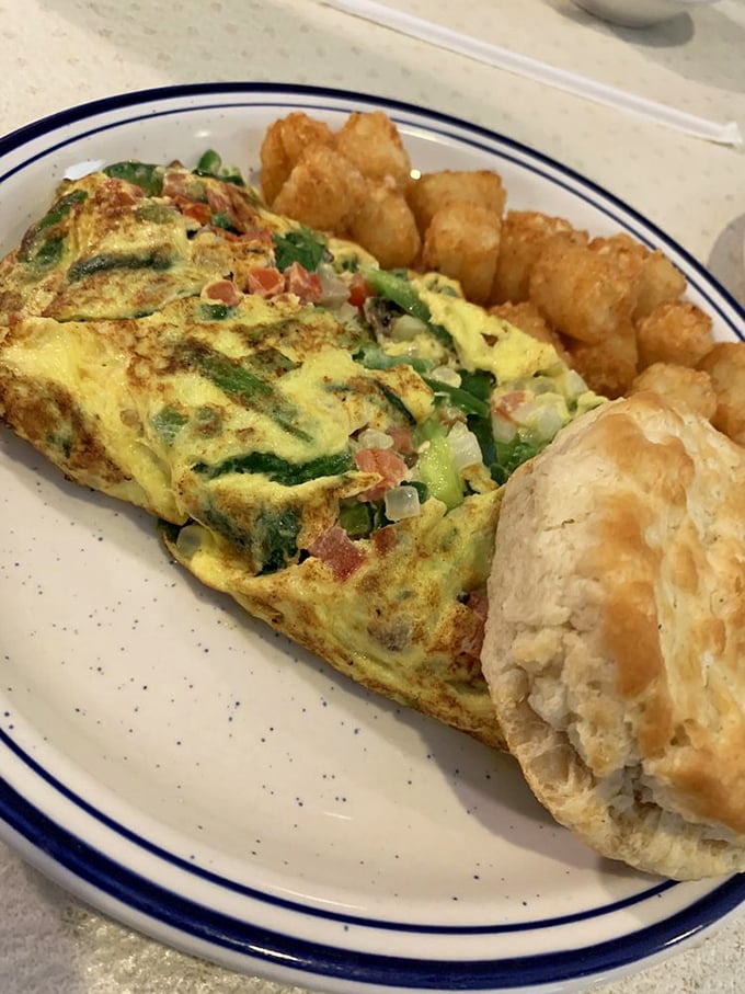 This veggie-packed omelet with golden hash browns and a flaky biscuit is the breakfast equivalent of hitting the lottery.