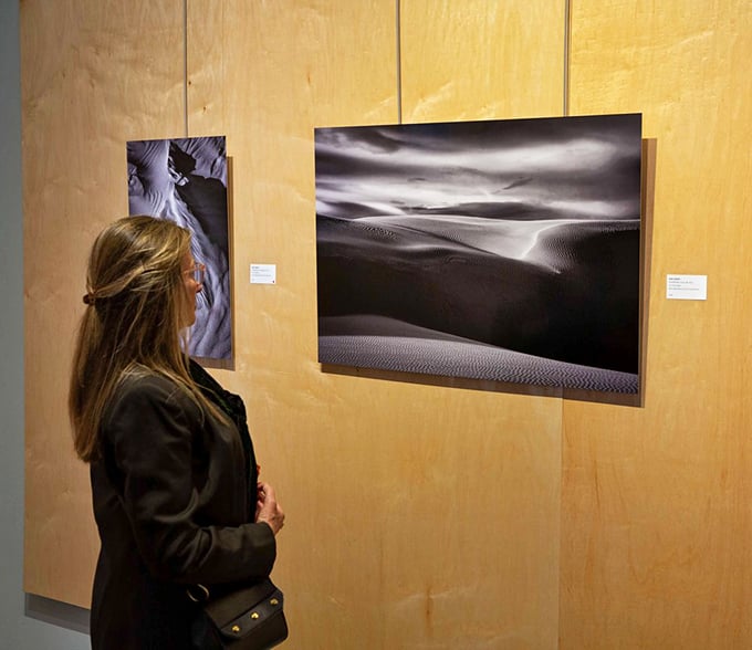 A visitor contemplates desert dunes captured in striking black and white &ndash; proof that California's landscapes are art even before artists interpret them.