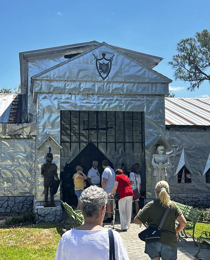 Visitors gather at the entrance, about to discover that the real treasure inside isn't gold or jewels, but boundless imagination and dad jokes set in aluminum.