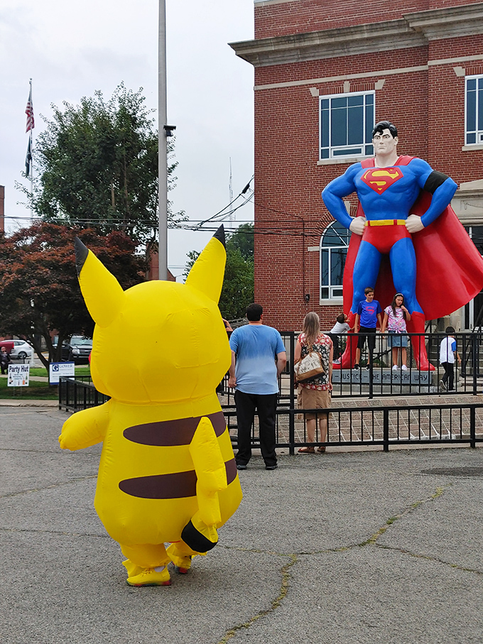 When Pikachu meets Superman, you know you've stumbled upon peak roadside America. Comic book worlds collide in the best possible way.