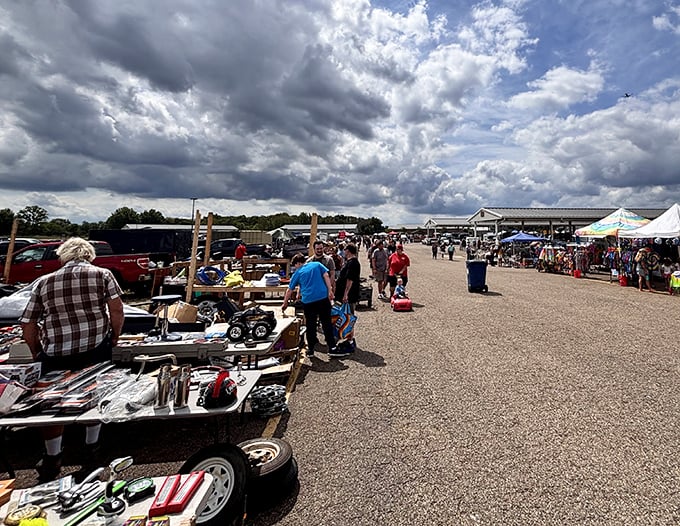 Under dramatic skies, shoppers navigate rows of outdoor vendors where tools, gadgets, and mysterious contraptions await new purpose in someone else's garage.