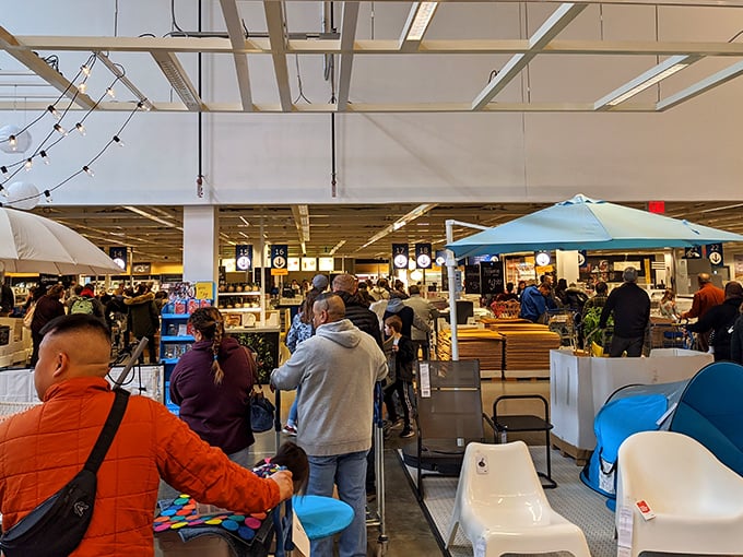 The food court buzzes with the universal language of hungry shoppers refueling for more adventures.