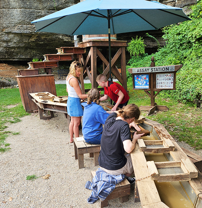 Modern-day prospectors try their luck at the assay station outside the cave. Who needs Netflix when you can pan for genuine treasures in the Missouri dirt?