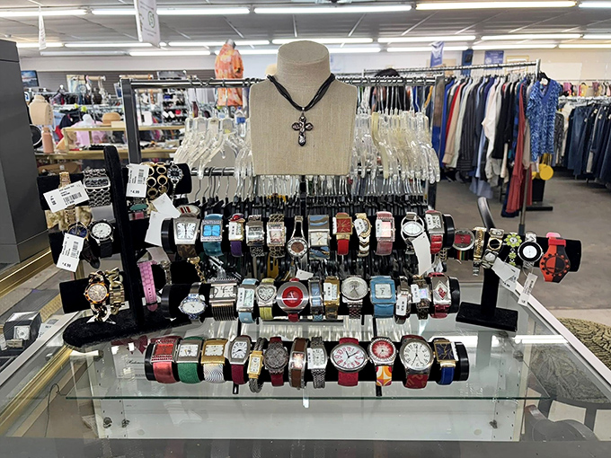 Time literally stands still in the watch display, where timepieces of every era wait patiently for their second chance at wrist residency.