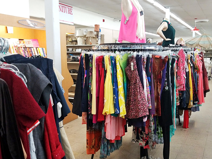 The women's apparel section: a kaleidoscope of colors and patterns where vintage finds hide among modern castoffs like sartorial Easter eggs.