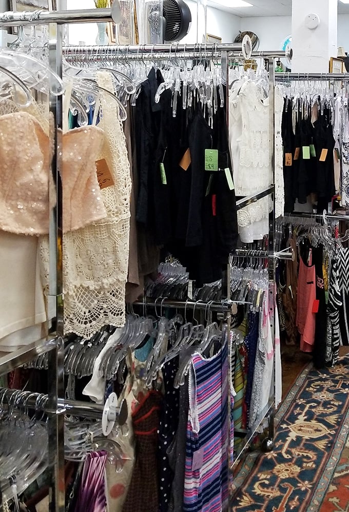 The formal wear section: where wedding guests and prom-goers find designer looks without the designer financial hangover.