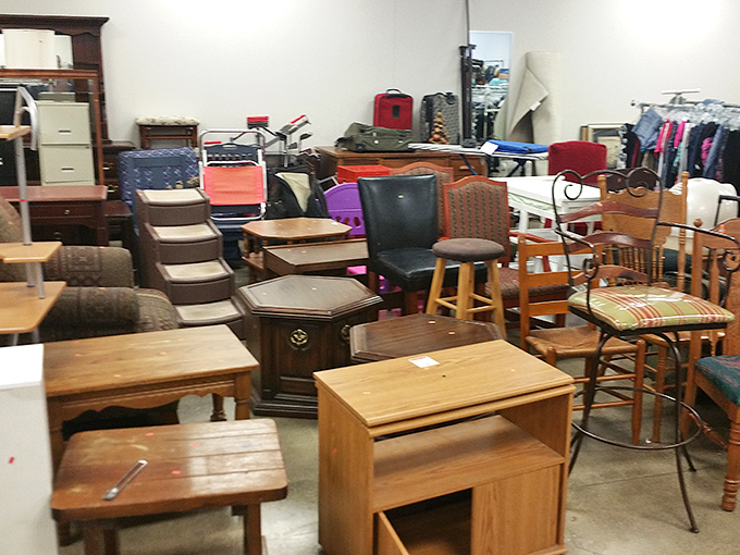 Furniture purgatory: where dining chairs, end tables, and coffee tables wait for their second chance at domestic glory.