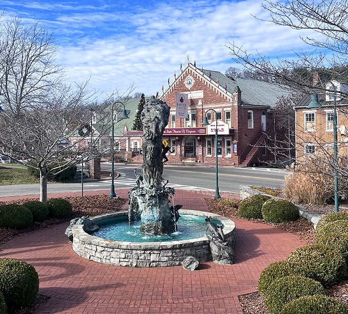 This lion fountain stands guard in Abingdon, where dining out costs less than a roar.