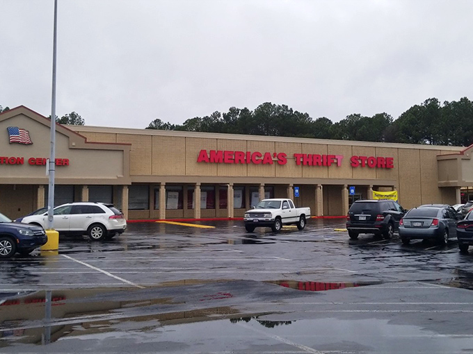 America's Thrift Store stands proud in the rain. Even Mother Nature can't dampen the thrill of the hunt here.