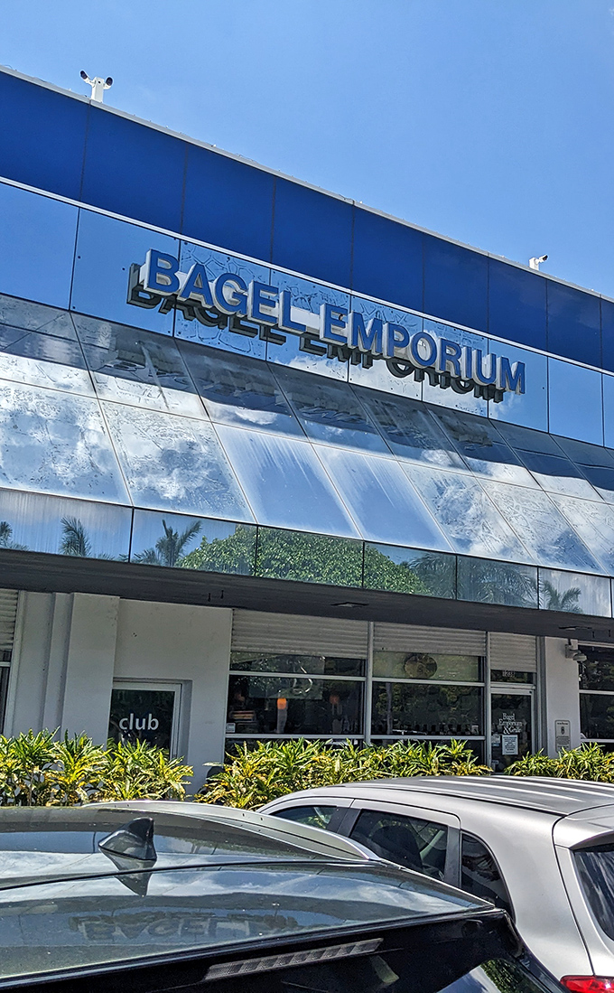 That modern blue facade promises fresh bagels and serious breakfast business - and it delivers completely.