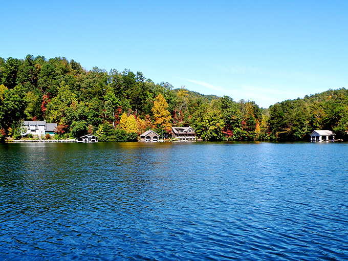 Enjoy the serene blue waters and vibrant autumn colors reflecting off the peaceful shores in lovely Batesville.