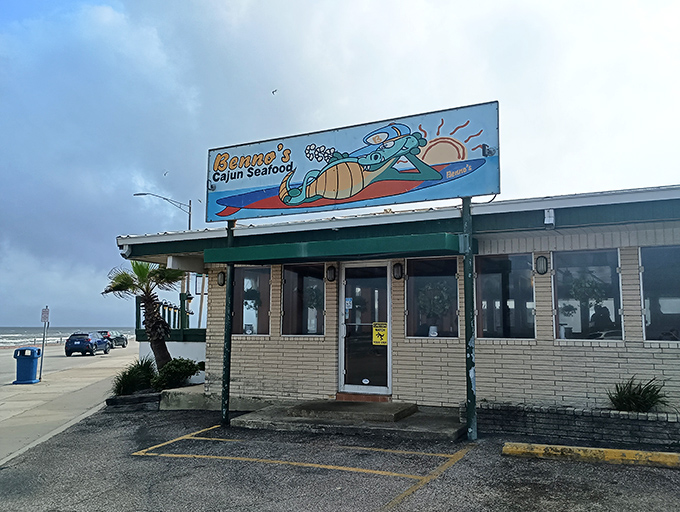 Benno's cheerful sign featuring a surfing crawfish tells you everything - this place has personality and seafood to match!