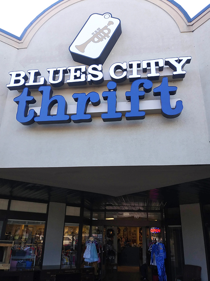 Blues City Thrift's sleek signage captures Memphis style with a modern twist perfectly.
