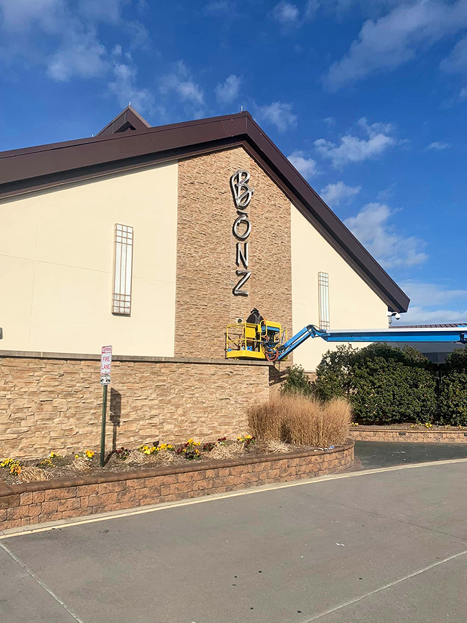 Bonz Restaurant's impressive stone facade promises an upscale dining experience worth the drive south.