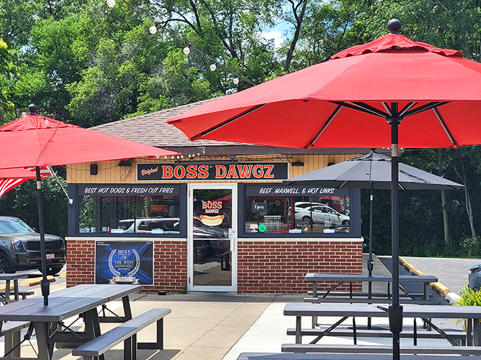 Modern comfort meets classic flavors under those cheerful red umbrellas&mdash;outdoor dining never looked so inviting and delicious.