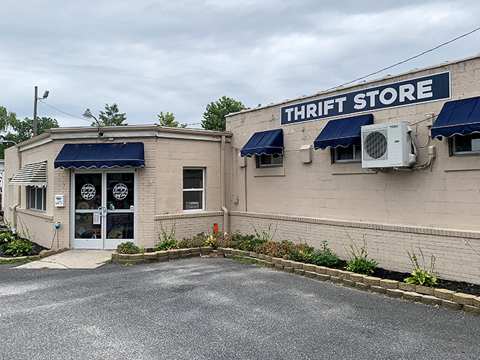 Those cheerful blue awnings create a welcoming Main Street vibe that makes thrift shopping feel downright neighborly.