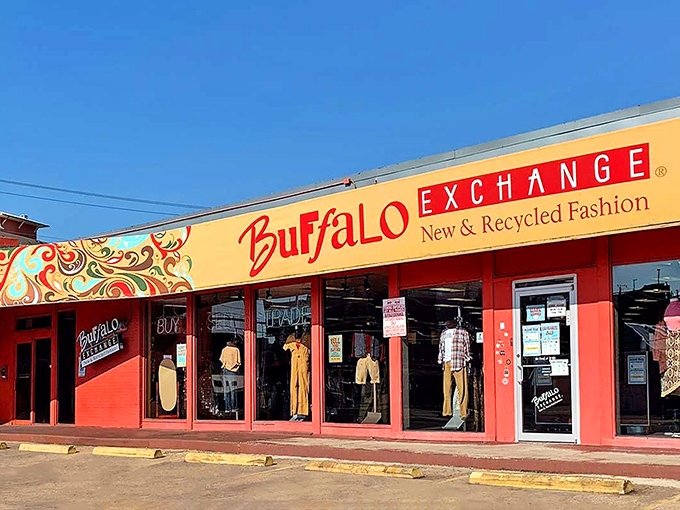 Splash of color on Guadalupe Street! Buffalo Exchange's vibrant storefront hints at the trendy treasures waiting inside.