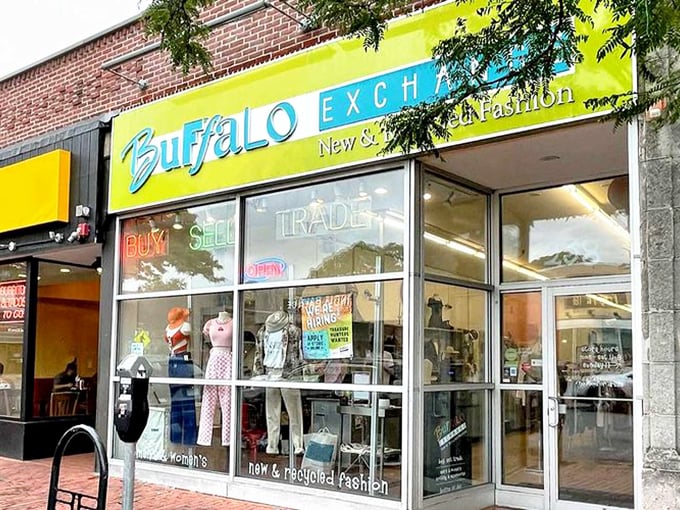 Buffalo Exchange's vibrant storefront pops against Somerville's brick backdrop &ndash; fashion recycling at its trendiest!
