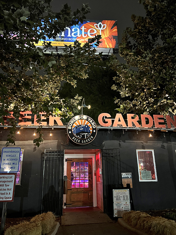 Burleson Yard's glowing sign beckons night owls to gather under string lights and stars for cold brews and warm conversations.