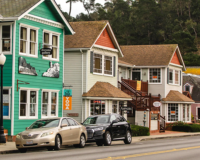 Colorful coastal cottages nestle among pine trees like something from a children's book.