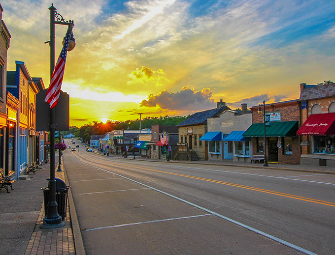 The warm glow of sunset bathes Cambridge, where colorful storefronts meet hospitality in perfect harmony.