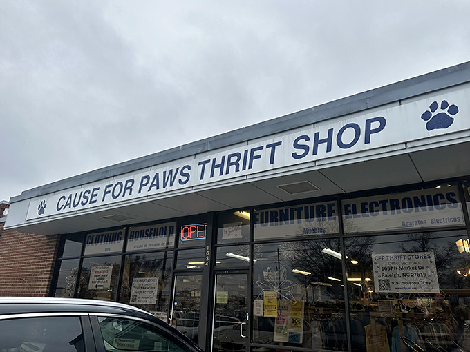 Cause for Paws Thrift Shop wears its mission on its storefront&mdash;those cute paw prints remind shoppers that their bargain hunting helps furry friends in need throughout Raleigh.