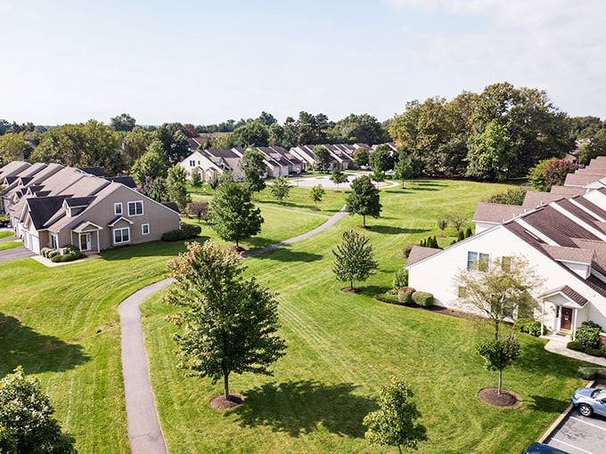 A bird's-eye view of Crossings at Christiana showcases winding paths connecting charming homes. Like a real-life Mister Rogers' neighborhood!
