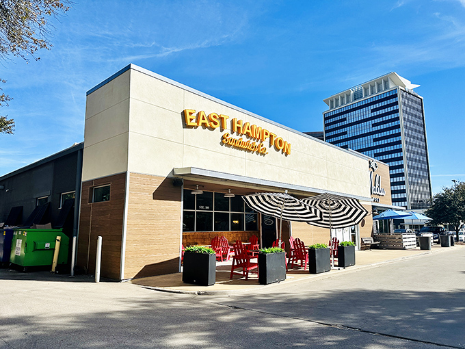 Clean lines and red chairs signal this Dallas spot elevates sandwiches to art.