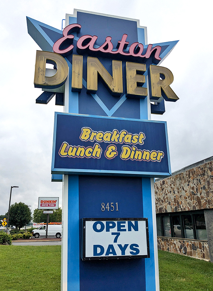 That sign means business! Easton Diner's bold blue marquee has been guiding hungry travelers to pancake paradise for decades.