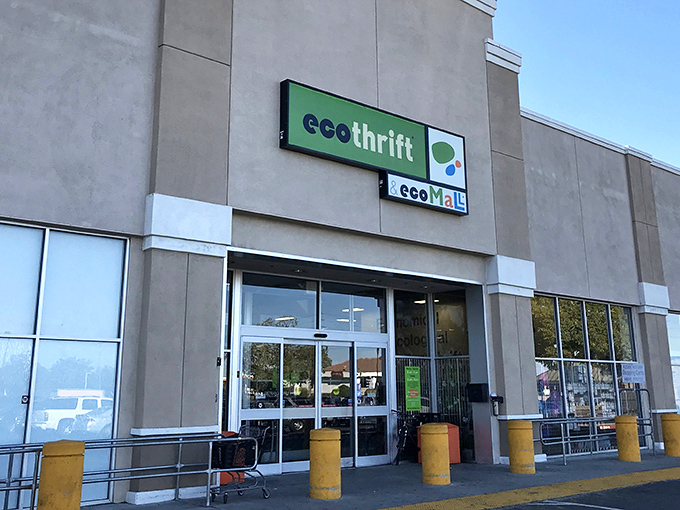 Eco Thrift's minimalist exterior and bright green signage reflect its practical approach to sustainable shopping. Recycling never looked so inviting!
