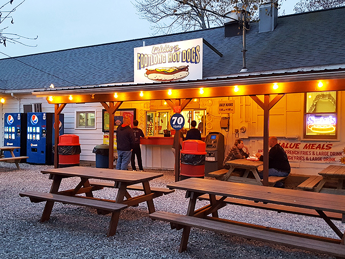 String lights and picnic tables create that perfect "summer evening with friends" atmosphere year-round.