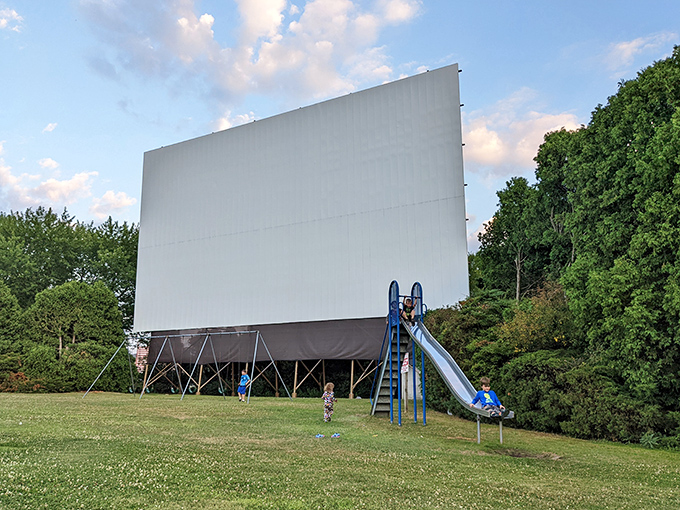 That retro building design screams classic Americana where drive-in dreams still come alive nightly.