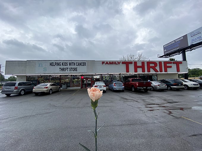 Family Thrift's straightforward signage and mission statement &ndash; helping kids with cancer &ndash; reminds us shopping here does double duty.