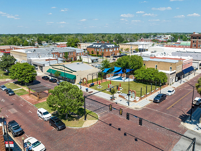 A bird's-eye view reveals the orderly layout of this Georgia gem, where historic downtown buildings stand shoulder-to-shoulder under endless blue skies.