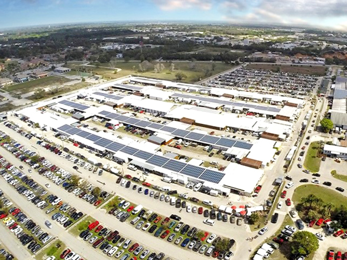 An aerial view reveals the massive scale of Fleamasters, a shopper&rsquo;s paradise with endless rows of vendors waiting to be explored.