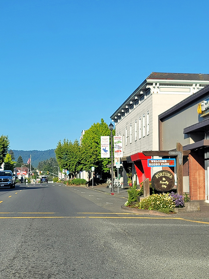 Rodeo ready! Fortuna's sun-drenched main street offers a warm welcome where the forest-covered hills stand like friendly bouncers guarding this slice of small-town heaven.