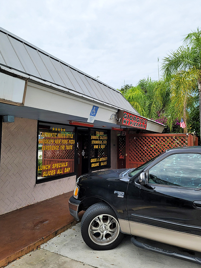 That window proudly advertising "authentic hero-style" pizza is like a beacon of hope in strip mall wilderness.