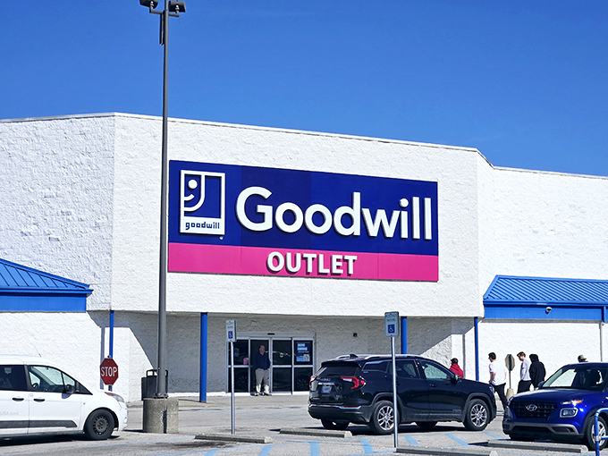 Goodwill Outlet's stark white exterior hides a wonderland of by-the-pound bargains. The blue trim hints at the blue bins inside!